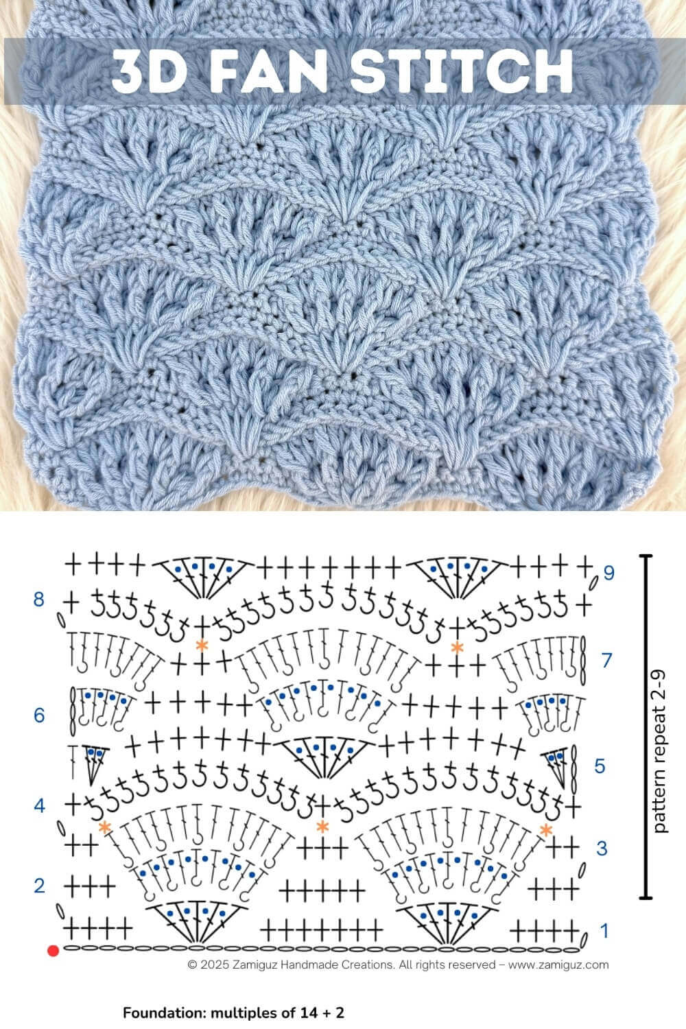 Beautiful 3D Crochet Fan Stitch Step by Step - Zamiguz